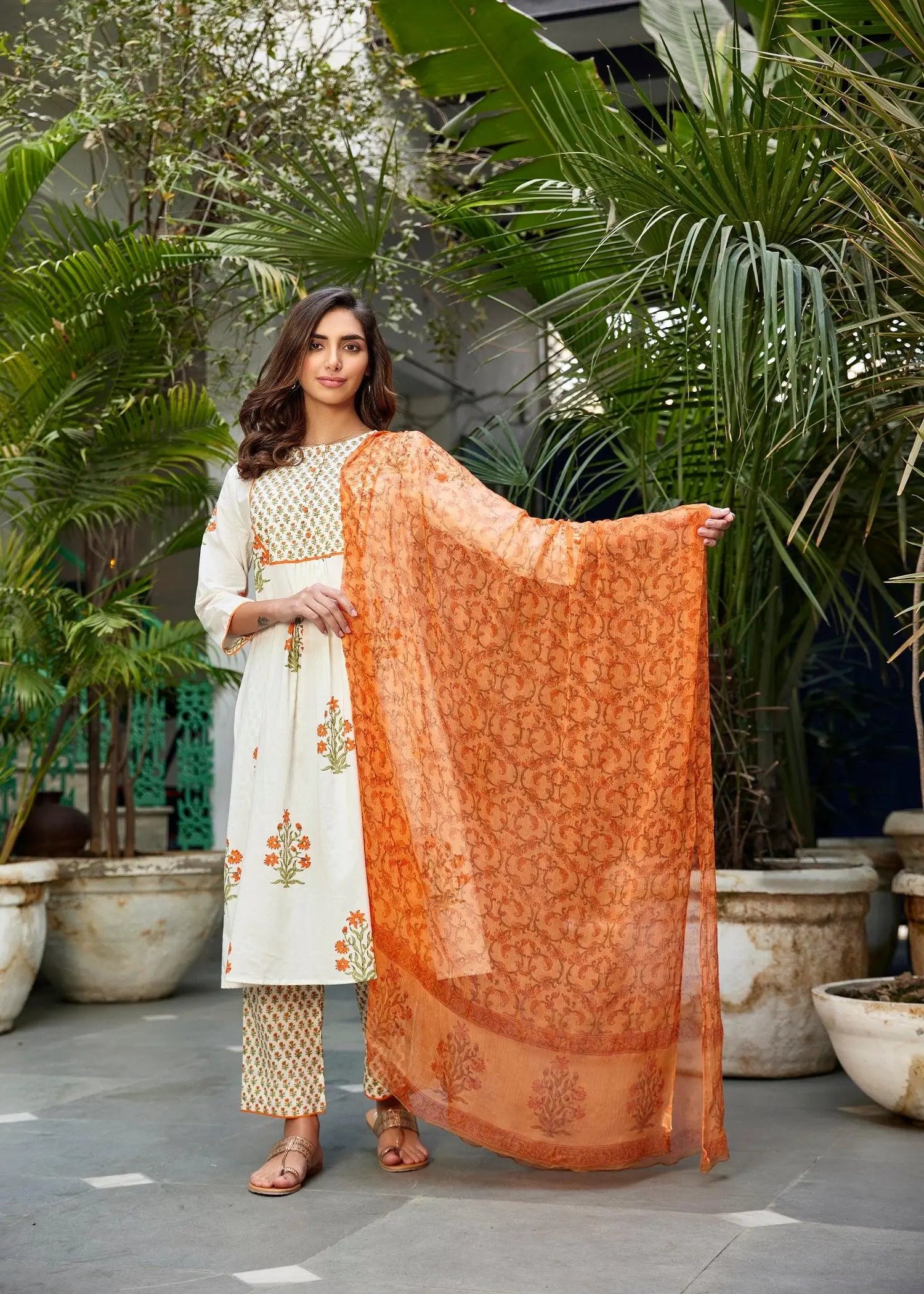 Shop Online Falak White Orange Cotton Suit Set For Women